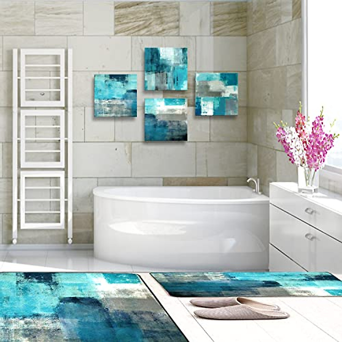 Abstract Wall Art Canvas Turquoise and Grey Abstract Art Painting Canvas Artwork Contemporary Wall Art for Bathroom Bedroom Living Room Kitchen Wall Decor 12" x 12" x 4 Pieces Canvas Prints