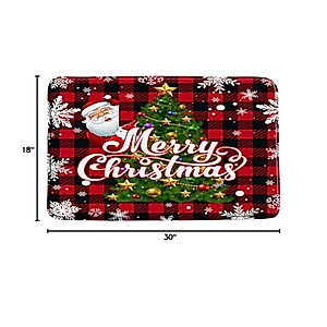 YSATNSFT Merry Christmas Bath Mat Xmas Tree Cute Santa White Snowflake Red Black Buffale Check Plaid Rustic Farmhouse Bathroom Bedroom Kitchen Toilet Rug Soft Memory Foam Backing,18x30 Inch