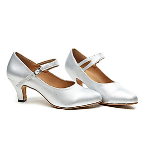 MGM-Joymod Women's Round Toe Mary Janes Mid Heel Leather Ballroom Practice Latin Modern Dance Shoes/Silver 8 M US