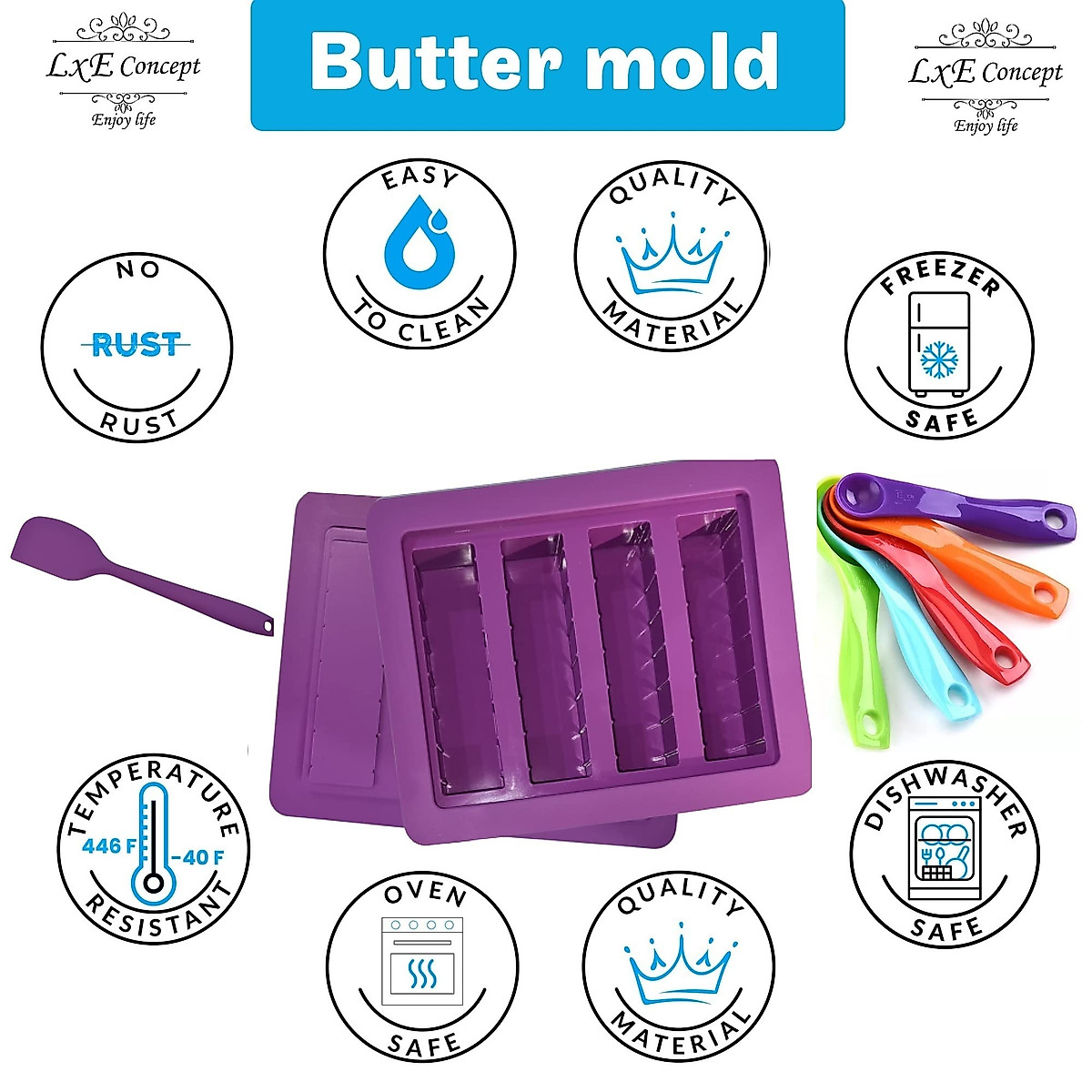 Silicone Butter Mold Set Purple - Holds 8 Tablespoons, 4oz Standard Butter Stick Size, Large Cavity Butter Maker, Non-Stick Butter Tray & spatula, measuring spoons, Ideal For Herb Butter, Brownie Cake