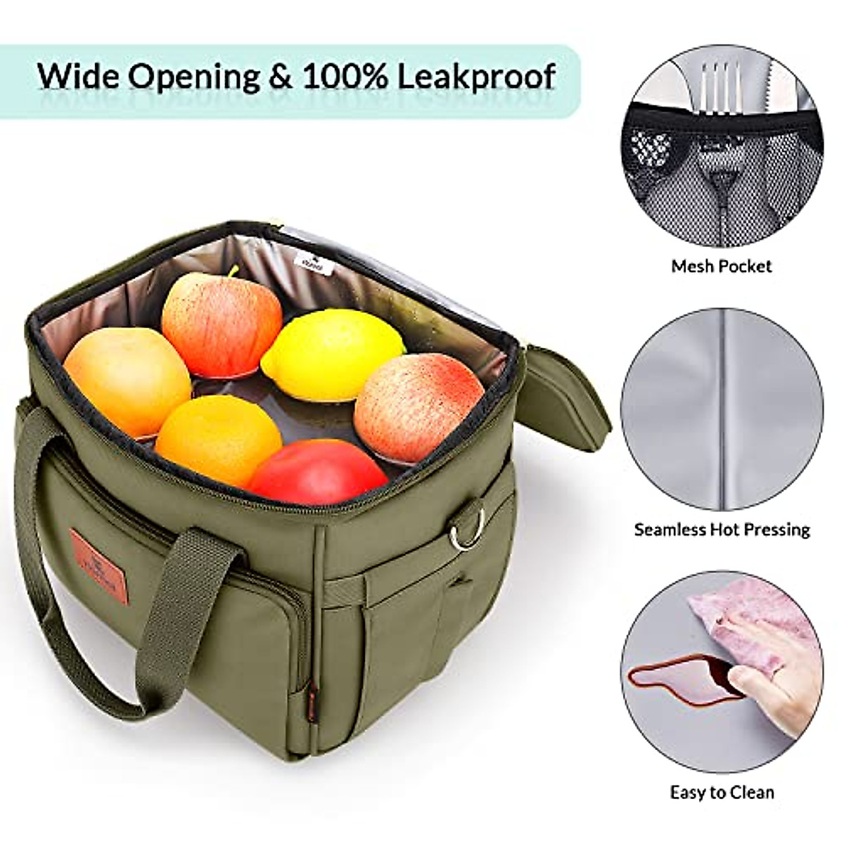 Hafmall Lunch Bag for Women Men, Wide Opening Insulated Lunch Box, Leakproof Lunch Tote Bag with Shoulder Strap, Reusable Lunch Bags for Adults for Work, Green