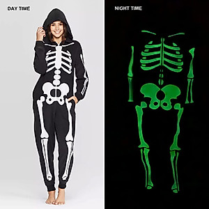 Jobakids Matching Family Costumes Sets Halloween One-Piece Hoodie Onsies Glow in Dark Skeleton Jumpsuit Women Medium (Women-black, M)