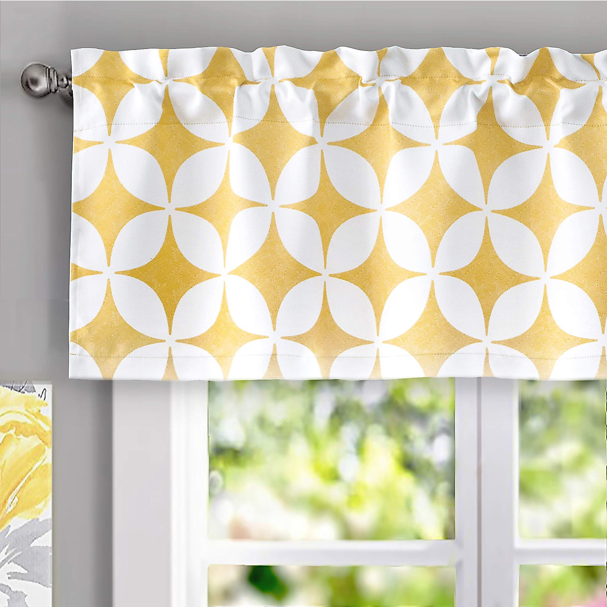 DriftAway Amelia Retro Geo Pattern Round Circle Star Print Blackout Valance Rod Pocket Curtain Single 52 Inch by 18 Inch Plus 2 Inch Header Yellow