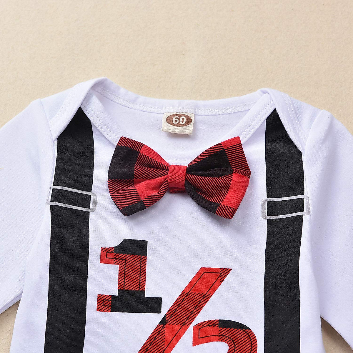 Baby Boy Half Birthday Outfit, Infant Buffalo Plaid Gentlemen Romper Bodysuit for 1/2 Birthday Party Cake Smash Clothes (Red, 6-9 Months)