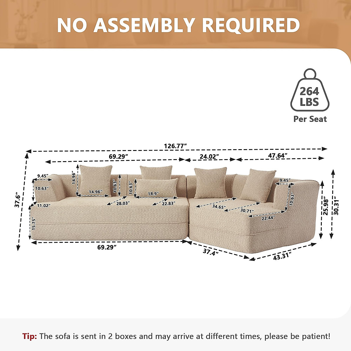 Aoowow 126" Modular Sectional Sofa Couch, Modern Minimalist Sofa Comfy Upholstered L Shaped Sofa with 5 Pillows, Boucle and Anti-Wrinkle Fabric, 3 Seater Couch for Living Room, Apartment, Camel