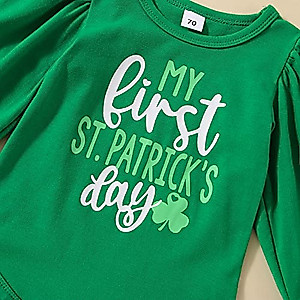 Tiacham My First St Patricks Day Baby Girl Outfit Bell Bottoms Pants Set Clothes Green Romper Shamrock Headband (Green, 0-3 Months)