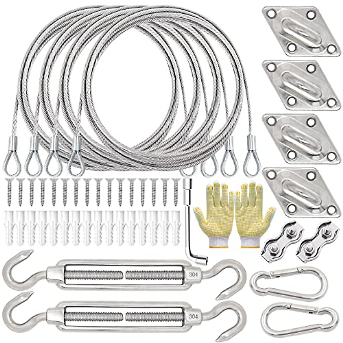 NQN 48 PCS T304 6 Inch Hardware Kit for Square & Rectangle Sun Shade Sail Canopy Awning Installation Installation Complete Set, 48 Ft (12'x4) Extension Cable Wire Rope, 304 Stainless Steel, Anti Rust