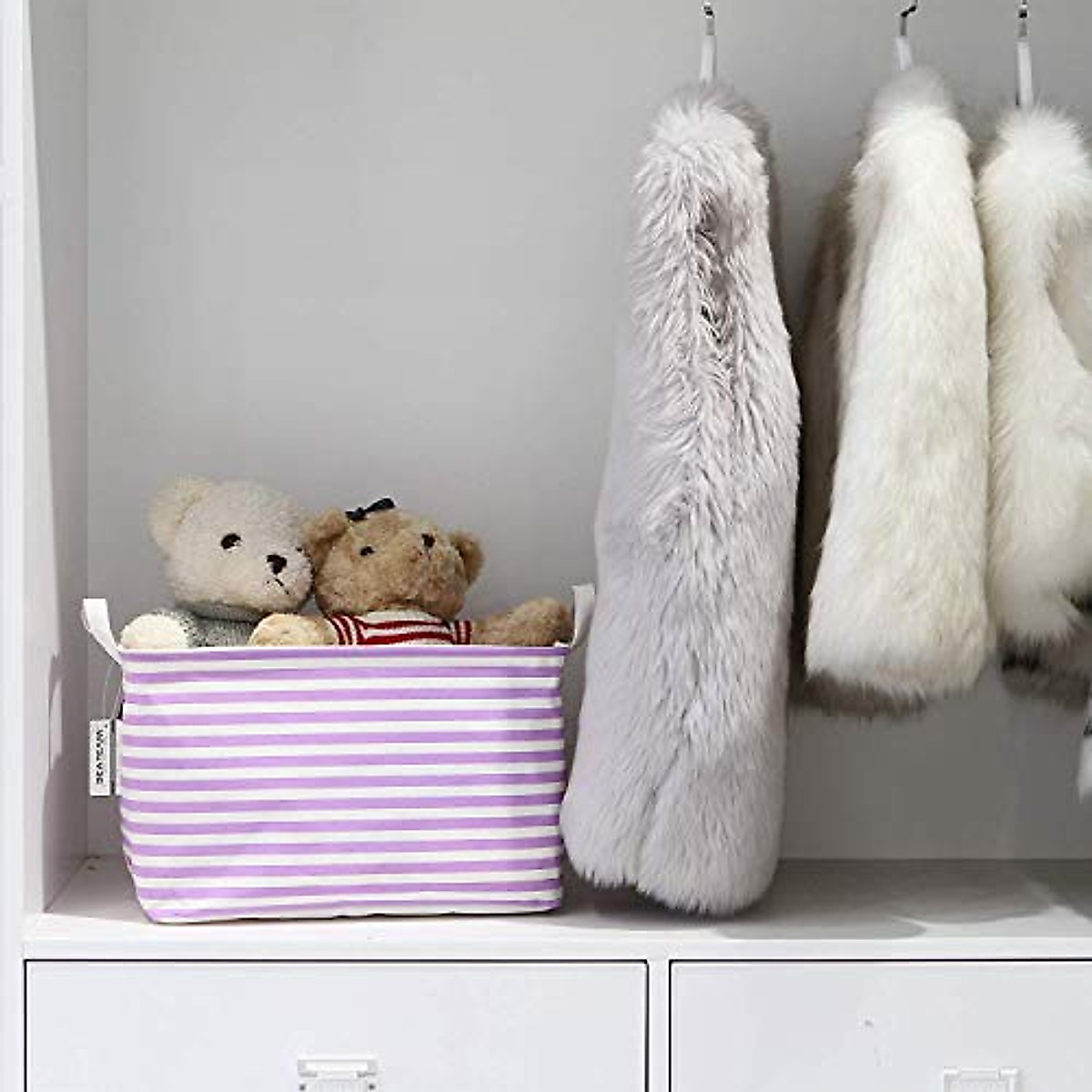 Sea Team 19.7-Inch Canvas Laundry Hamper and 16.5-Inch Canvas Storage Basket Bundle, Purple Stripe