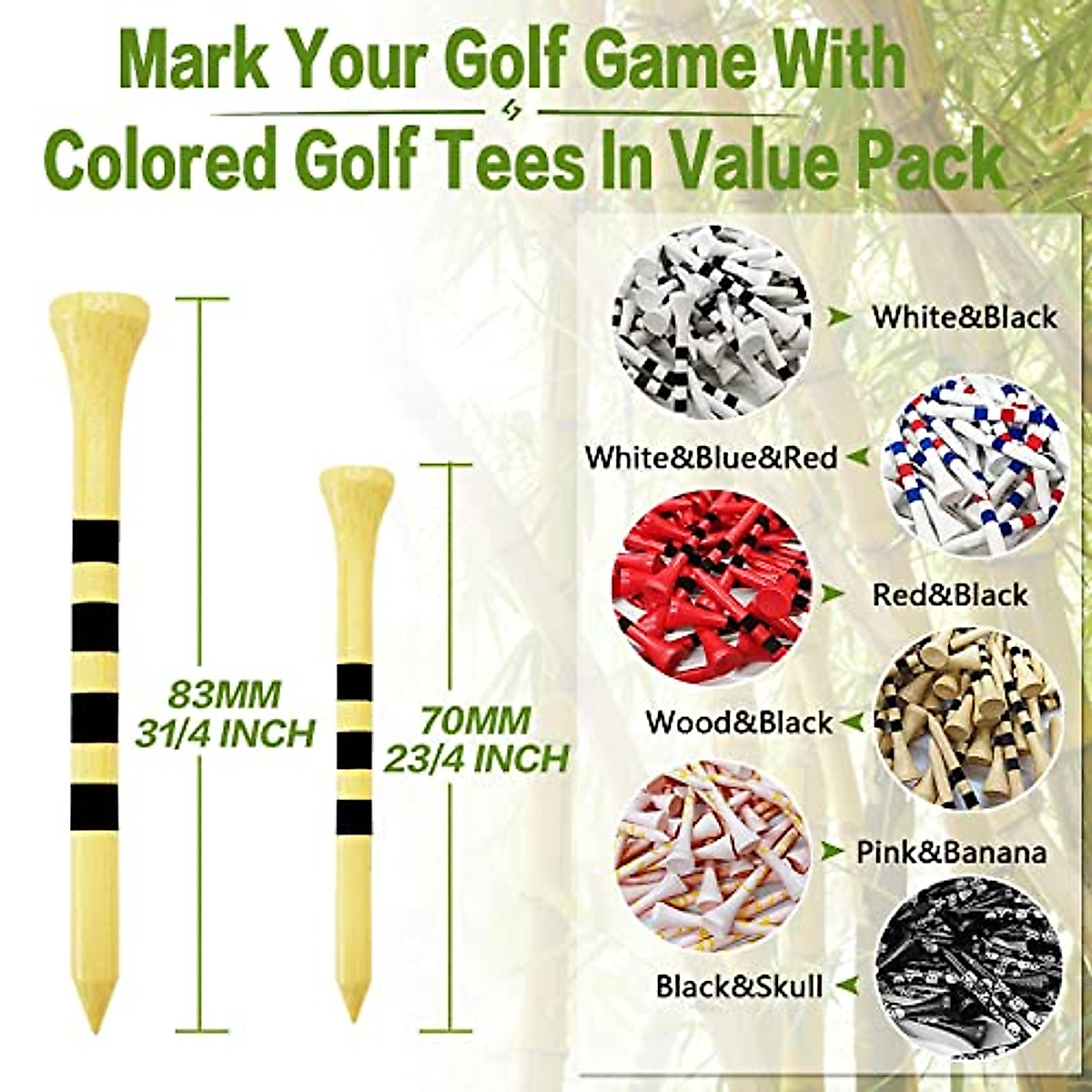 FINGER TEN Golf Tees Wood 3 1/4 Inch 120 Count, Durable Biodegradable Wooden Bamboo Tee 83mm (Wood&Black, 3 1/4 Inch(120 Pack))