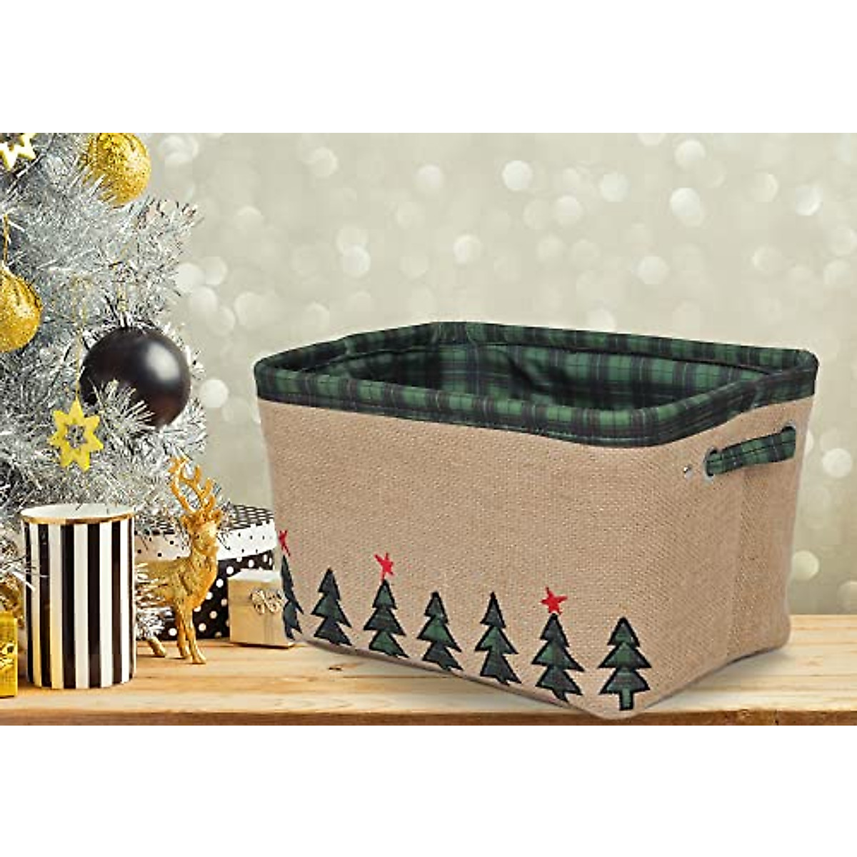 Christmas Baskets for Gifts Empty, Christmas Decorative Storage Baskets with Handles for Holidays Christmas Halloween, Christmas Tree Pattern Large Foldable Organizer Bins for Living Room 13"