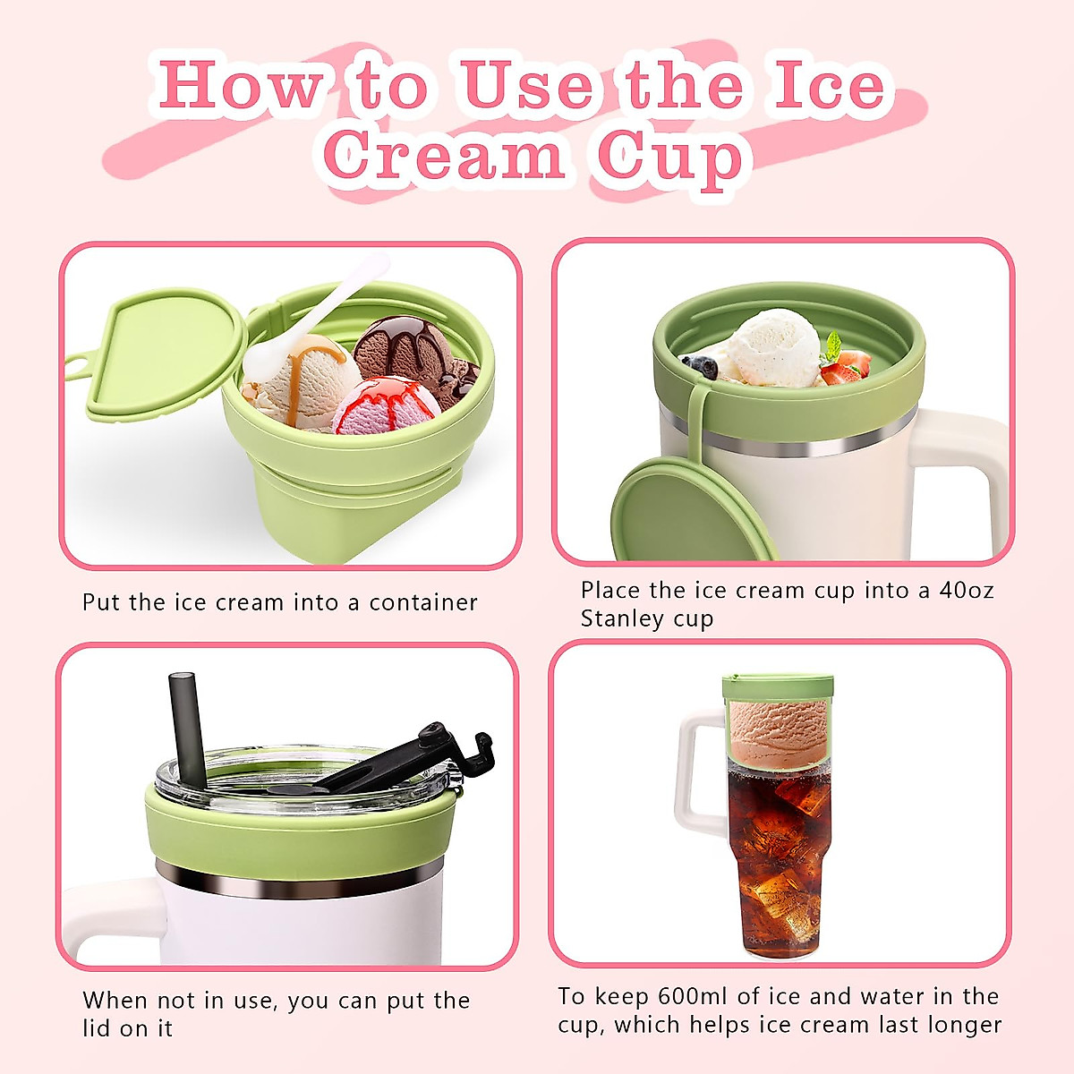 Silicone Ice Cream Cup with Lids for Stanley Cup Accessories 40 oz, Ice Cream Containers for Homemade Ice Cream with Spoons, Reusable Freezer Storage Tubs for Ice Cream, Sorbet (2 PCS, Pink & Green)