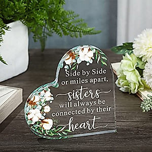 Sisters Gifts from Sister Acrylic Heart Keepsake Plaque for Sister Side by Side or Miles Apart Gift Sister in Law Gifts Inspiring Paperweight Gift Sister Gift for Birthday Wedding (Cotton)