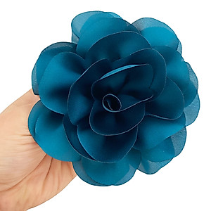 COCORIBBON Large Satin Fabric Flower Brooch Pin and Hair Pin for Women, Gift (Blue Green)