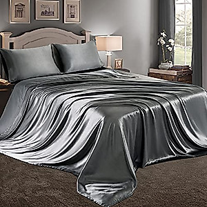 RUDONG M 3 Piece Dark Grey Satin Sheets Twin Size Satin Bed Sheets Set Silky Satin Sheet with 1 Deep Pocket Fitted Sheet+1 Flat Sheet+1 Pillowcase