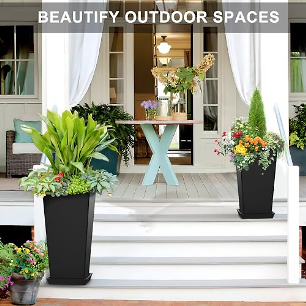 Elevens Tall Planters 20 Inch Tapered Square Planters Garden Flower Pots,Indoor/Outdoor Planter with Tray, Large Planter for Patio Black-2 Pack