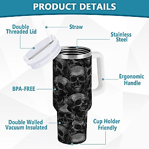 Emelivor Skulls 30 oz Tumbler with Lid and Straw Insulated Tumblers with Handle Leak Proof Travel Coffee Mug Water Cup Bottles Fits in Car Cup Holder