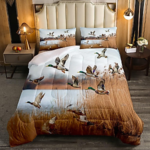 Erosebridal Mallard Duck Duvet Insert Duck Hunting Themed Comforter Set for Kids Teens Adults Mallard Duck Bird Printed Bedding Set Rustic Natural Lake Scenery Quilt with 2 Pillowcases,Queen Size