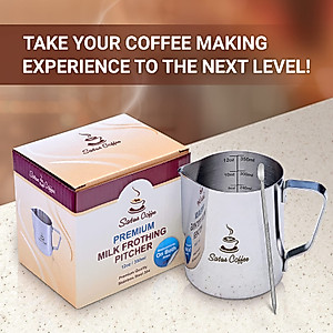 Milk Frothing Pitcher 12oz 350ml - Milk Jug 12 20 30oz - Measurements on Both Sides Inside Plus eBook - Stainless Steel Milk Frother Pitcher Espresso Cappuccino Coffee Latte Art Cup Steaming Pitcher