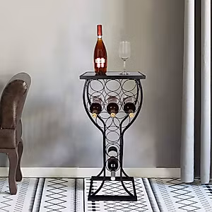 JOYBASE Freestanding Floor Wine Rack Table, Holds 11 Bottles, Metal with Marble Veneer Top, Wine Table Display Rack, Black