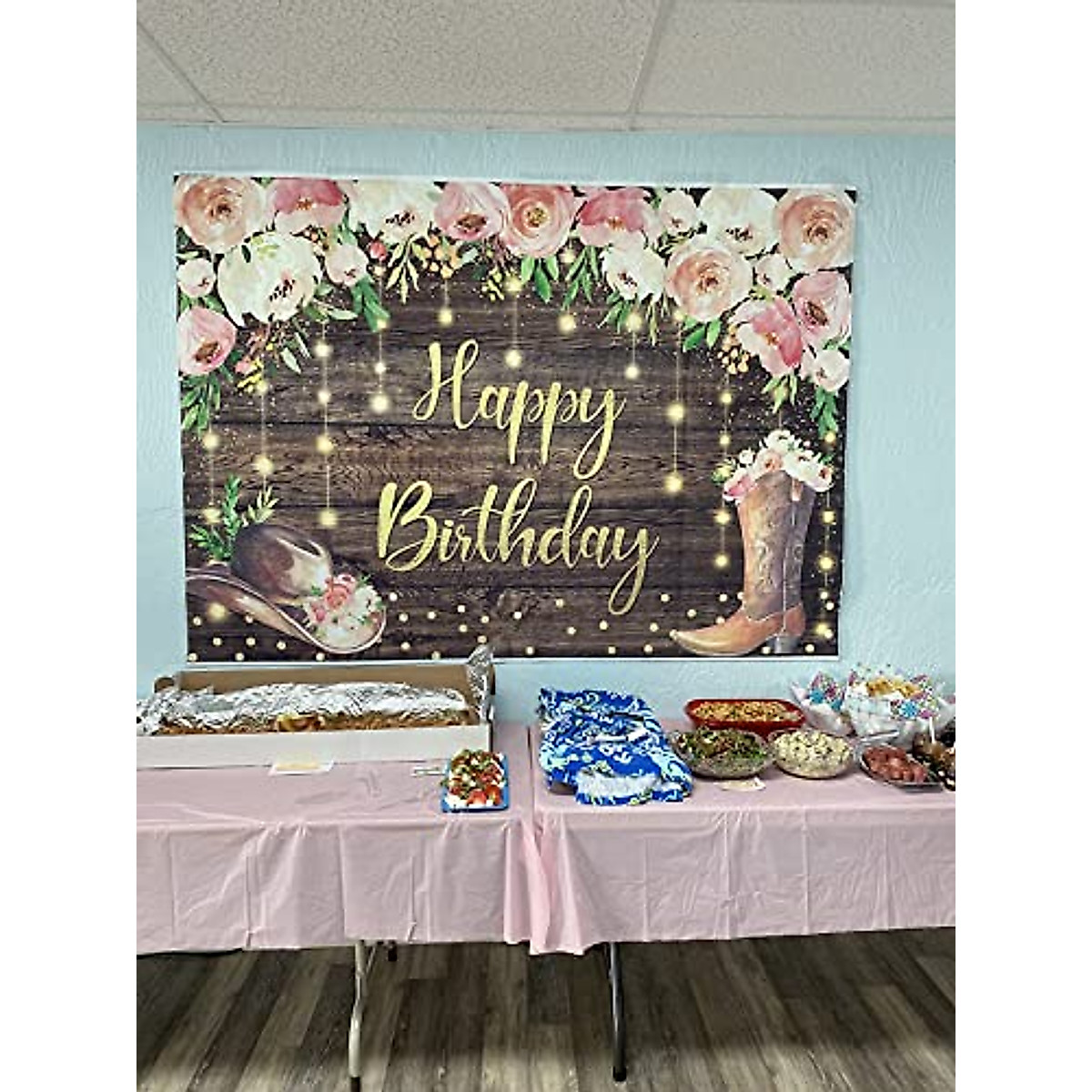Cowgirl Happy Birthday Backdrop 7x5FT Western Hat Boot Floral Glitter Brown Rustic Wooden Boho Bday Photography Background for Women Country Party Decorations Banner Props