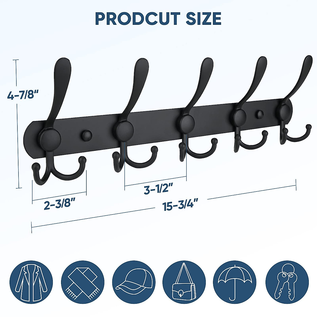 TICONN Wall Mounted Coat Rack, Five Heavy Duty Tri Hooks All Metal Construction for Jacket Coat Hat in Mudroom Entryway (Matte Black, 1-Pack)