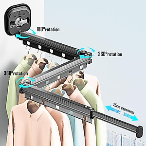 Hemerch Retractable Clothes Drying Rack, Aluminum Clothes Drying Rack Foldable, Retractable Wall Mounted Clothes Hanger Rack, Portable Clothes Drying Rack for Home Organizers (3 Folding, Black)