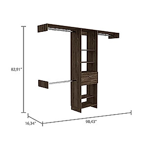 Manchester 250 Closet System with 5 Open Shelves, 1 Drawer, and 3 Metal Rods, Dark Walnut