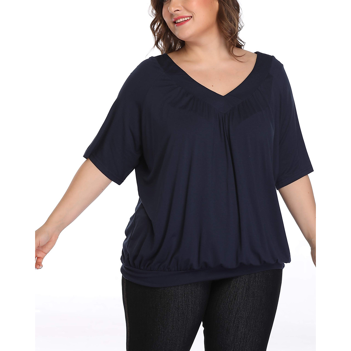 andy & natalie Women's Plus Size Tops Pleated V Neck Loose Baggy Blouse T Shirts Blue