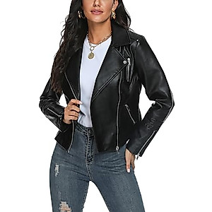 Fahsyee Women's Leather Jackets, Faux Motorcycle Plus Size Moto Biker Coat Short Lightweight Vegan Pleather Fashion, Black, M