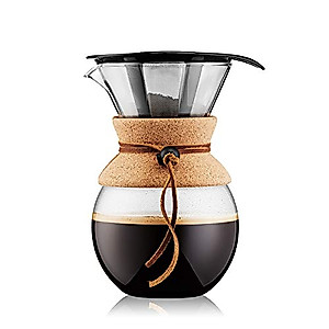 Bodum 11571-109 Pour Over Coffee Maker with Permanent Filter, Glass, 34 Ounce, 1 Liter, Cork Band