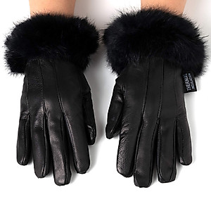 Alpine Swiss Womens Leather Dressy Gloves Faux Fur Trim Cuff Thermal Lining Black Medium