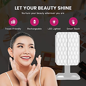LOVE YOU Studio Makeup Mirror with LED Lights for Makeup Desk - Lighted Makeup Mirror with Magnification - Tri-Fold Personal Light Mirror with Stand