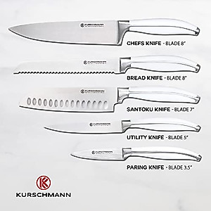 Kurschmann 6-Piece Chef Knife Set with Block-White Knife Set & Small Knife Block with Gyoto, Santoku, Bread, Paring & Utility Knife-High-Carbon Steel & Sustainable Acacia Kitchen Knife Set