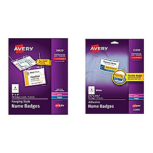 Avery 74459 Neck Hang Badge Holder w/Laser/Inkjet Insert, Top Load, 3h x 4w, White (Box of 100) & Avery Flexible Name Tag Stickers, White Rectangle Labels, 80 Name Badges, 2-1/3" x 3-3/8" (25395)