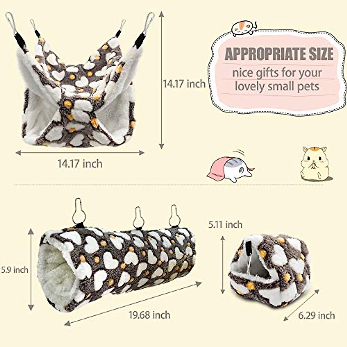 3 Pieces Small Pet Cage Hammock Set Hammock Hanging Tunnel Rat House for Small Animals Soft Double-Layer Sugar Glider Hammock Accessories Set for Parrot Ferret Squirrel Hamster Rat Playing Sleeping