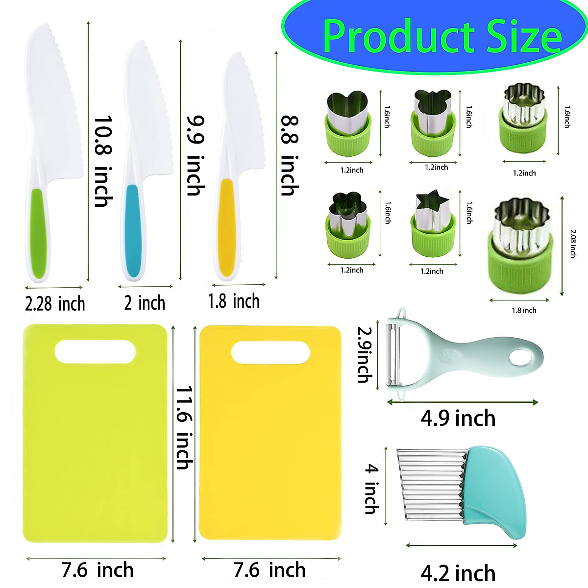 Yuanwovv 13Pcs Montessori Kitchen Tools for Toddlers，Safe Knives Cooking Set, Kids Knives for Real Cooking Toddler Knife Set，with Plastic Toddler Safe Knives Crinkle Cutter Kids Cutting Board.
