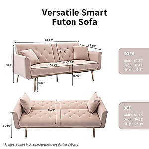 Velvet Futon Sofa Bed,Convertible Sofa Bed with Adjustable Backrest, Modern LoveSeat Sofa Couch for Living Room,Bedroom,Office（Pink）