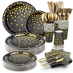 350PCS Black and Gold Party Supplies - Birthday Plates and Napkins Sets for 50, Includes Black Party Plates, Napkins, Cups for Retirement Adult Party Decorations，New Year Party Supplies 2024