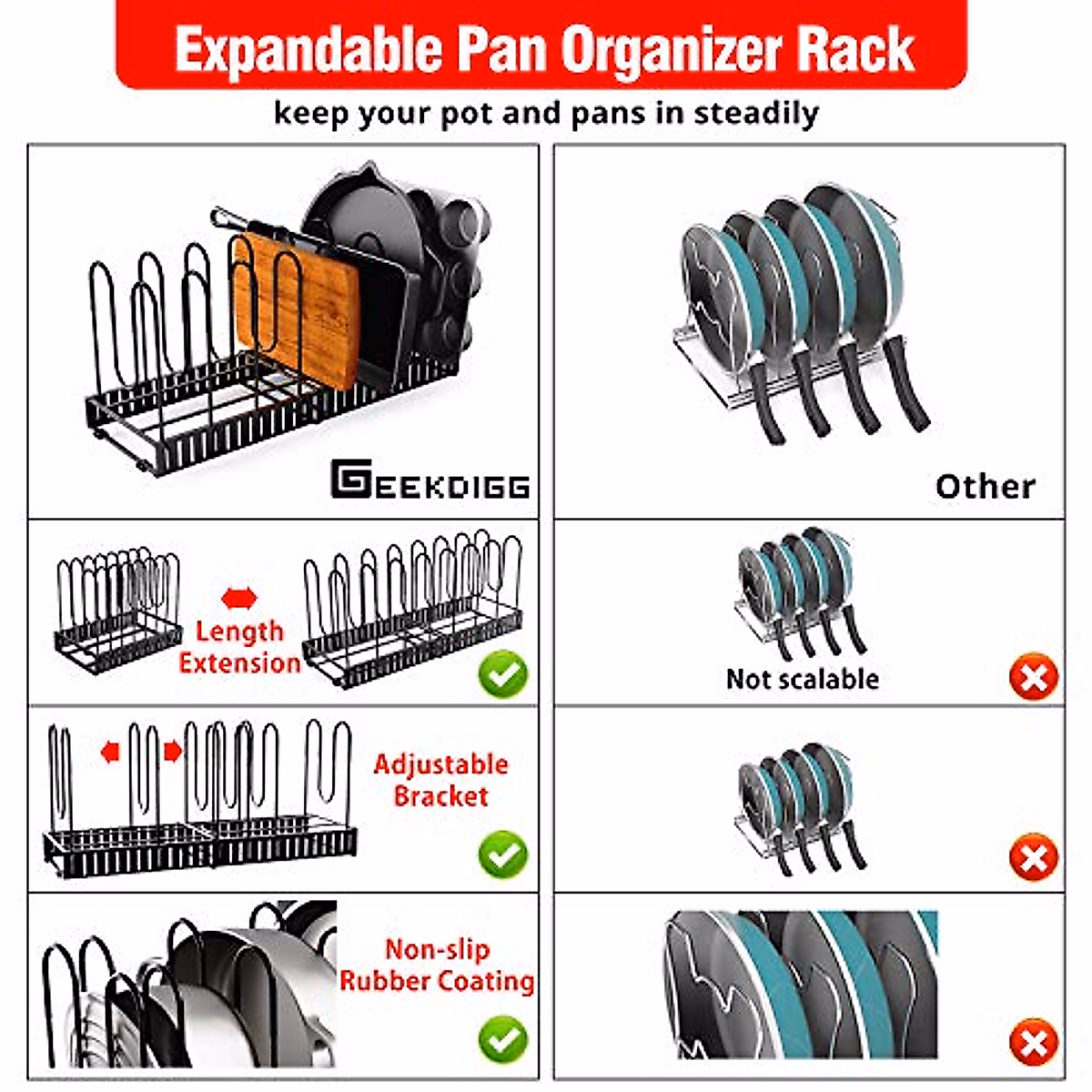 GeekDigg Pot Organizer Rack for Cabinet, Adjustable and Expandable 8+ Pans Pots Lid Organizer Rack Holder, Cabinet Pantry Countertop Bakeware Organizer