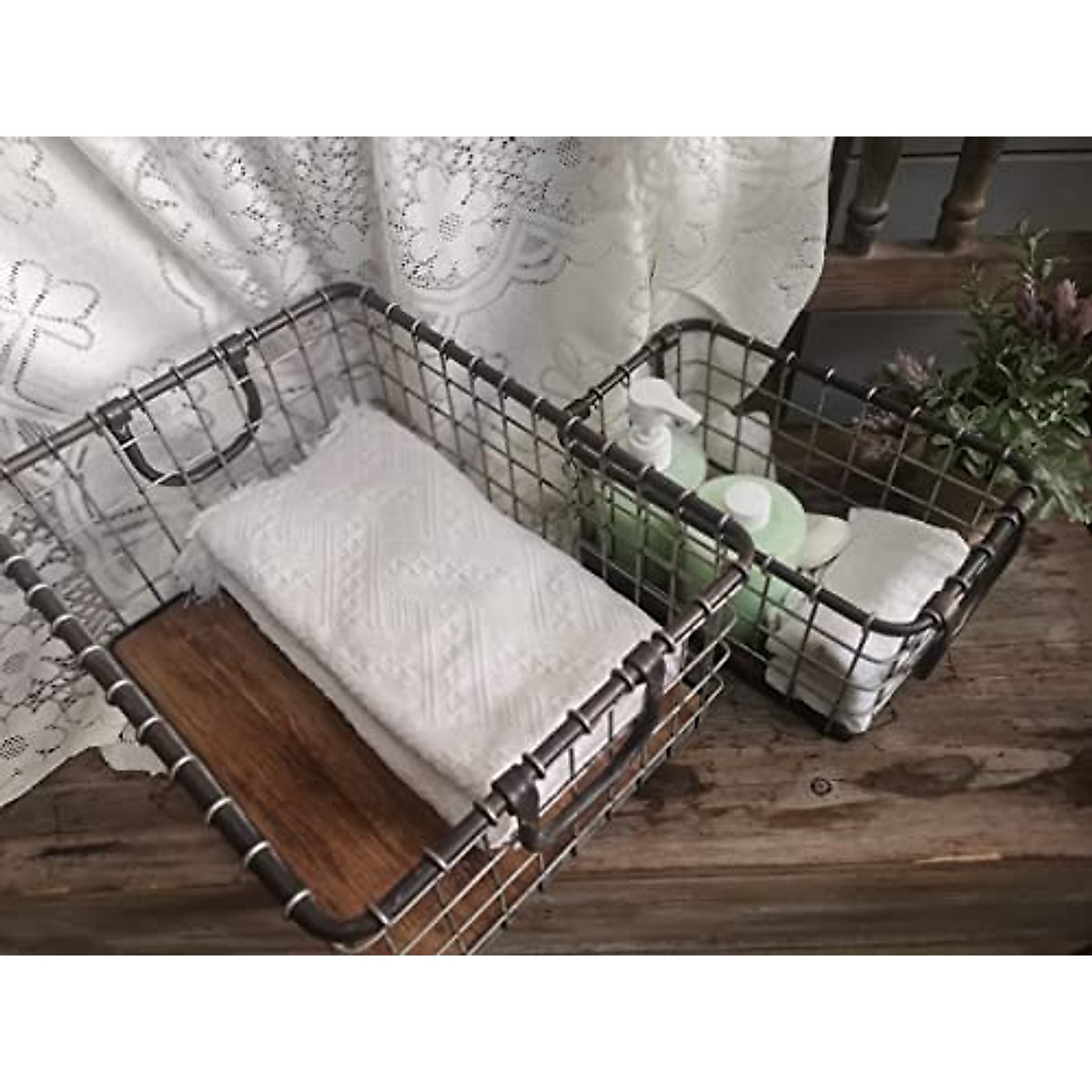 Rectangular Hand Welded Farmhouse Metal Baskets In Set Of 3 with Rustic Wooden Bottom. Large one:16.14"X12.2'X7.08"H, Study and Sutitable For Laundry, Towel, Spice Rack, Storage, Tool Box, Picnic