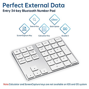 HoRiMe Bluetooth Number Pad, Rechargeable Wireless Numeric Keypad Slim 34-Keys Aluminum Number Keypad External Data Entry Compatible for Laptop