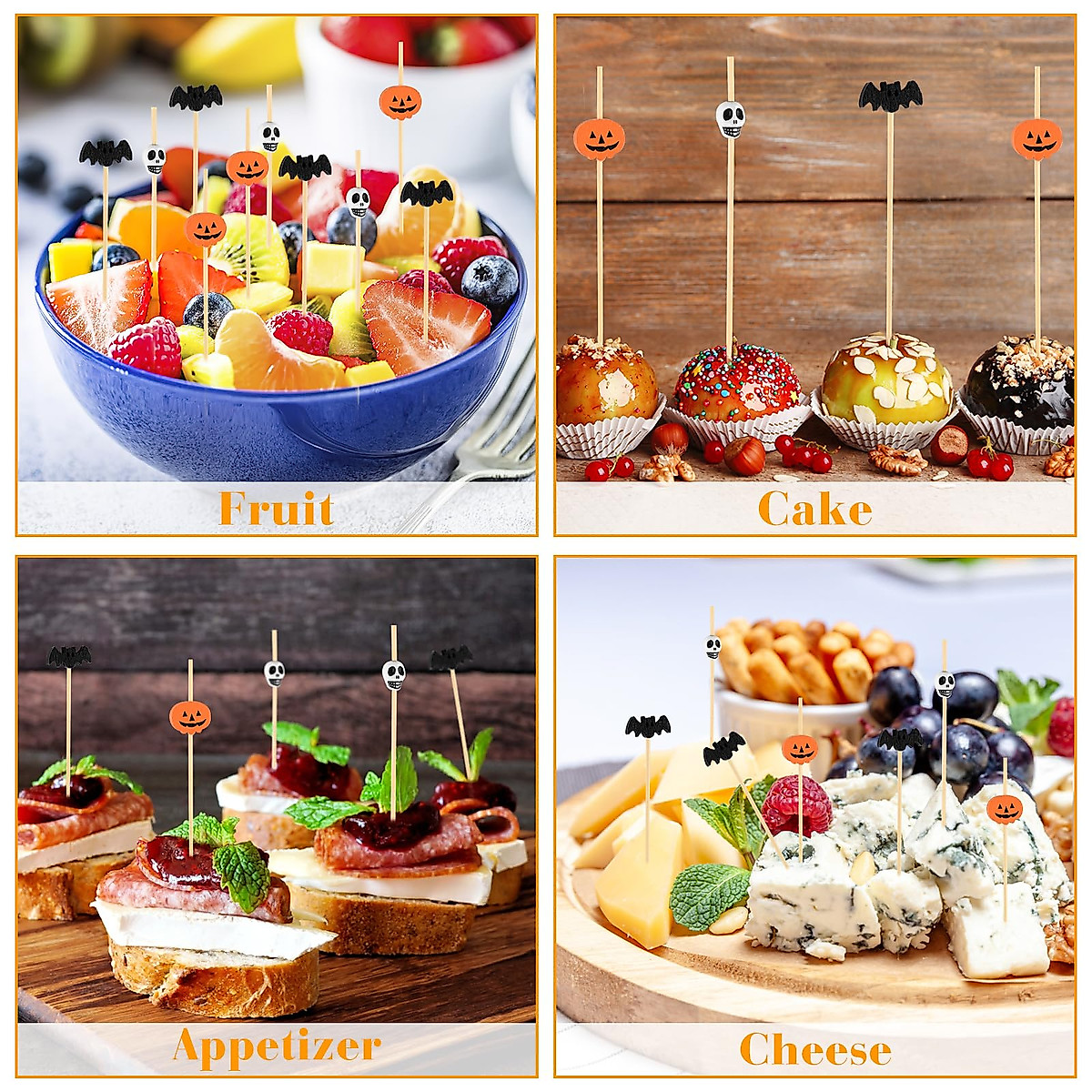 ASTARON 150 Counts Halloween Pumpkin Cocktail Picks for Halloween Party Supplies Wooden Bats and Skull Cocktail Picks 4.7 in Appetizer Picks Fruit Forks for Halloween Decorations