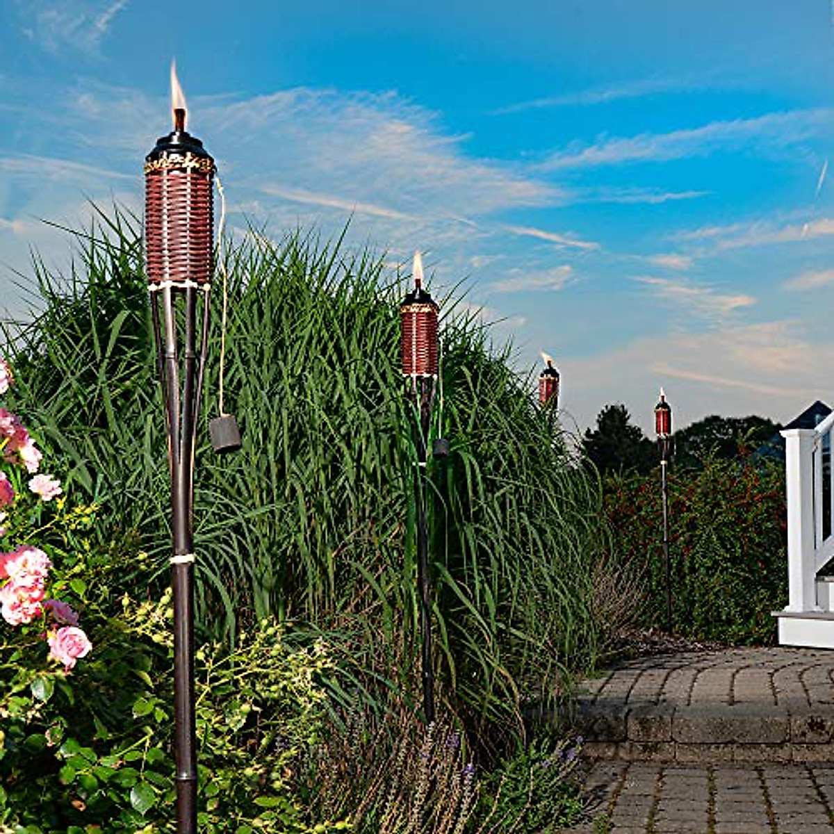 Backyadda Bamboo Tiki Torches for Outside with Extra-Large (16oz) Metal Canisters and Fiberglass Wicks for Longer Lasting Burn. Stands 59" Tall. Multiple Styles Available. (Burnt Sienna, 6 Pack)