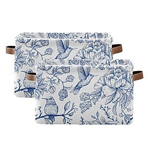 susiyo Chinoiserie Blue Floral Birds Closet Storage Bins with PU Handles, Foldable Fabric Storage Baskets for Shelves, Decorative Baskets Clothes Storage Baskets for Organizing-2Pack