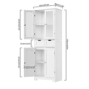 HORSTORS Tall Storage Cabinet, Freestanding Kitchen Pantry Cabinet with Glass Doors and Shelves, Large Modern Cupboard with 2 Drawers for Home Office, White, 23.6" L x 11.8" D x 66.9" H