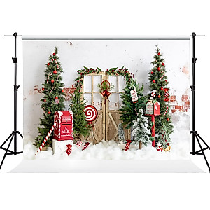 Kate 7×5ft Christmas Backdrop Photo Brick Wall Wooden Door Christmas Tree Gift Oil Barrel Decorative Xmas Background Photography Studio Picture Video