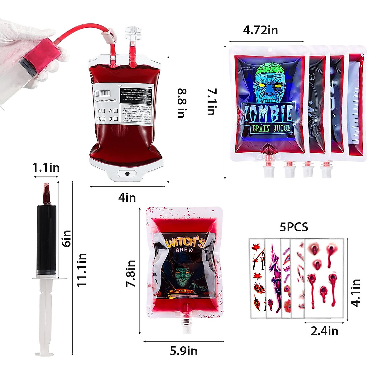 Halloween Blood Bags Party Supplies - 40PCS Blood Bags for Drinks 30 Reusable Drink Pouches+5 Syringes+5PCS Bloody Tattoos, Blood Bags for Vampire Zombie Costumes Halloween Party Favors Decorations