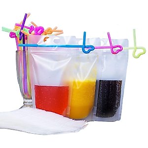 Herdro 100 Pack Clear Drink Pouches Bags with Straws - Reclosable Zipper Stand-up Plastic Pouches Bags Drinking Bags - 9.1" x 5.2"/17 Oz