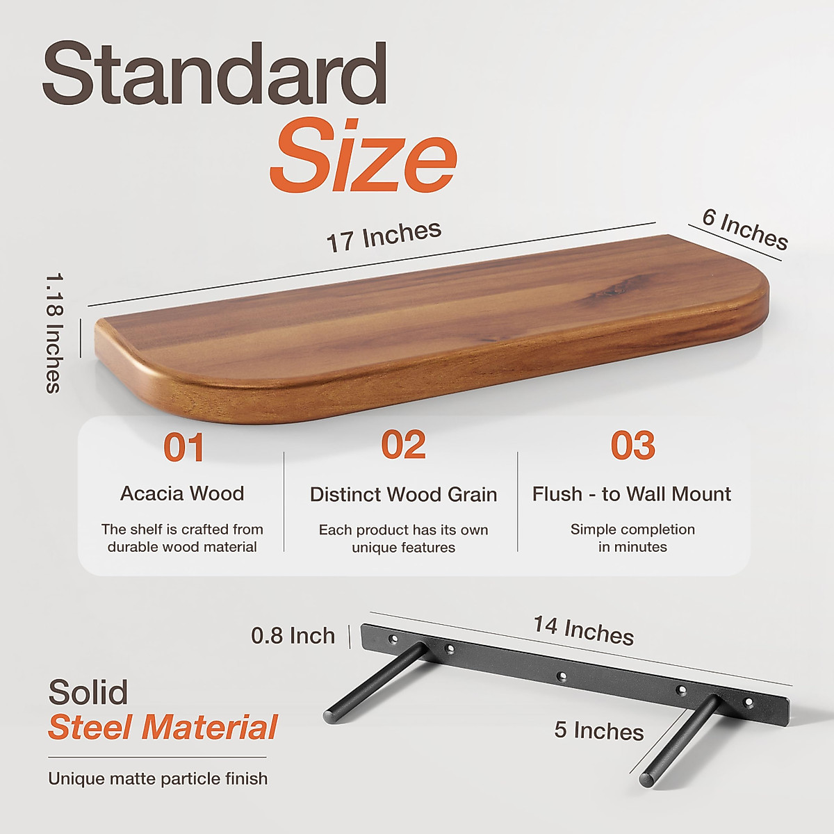 BATODA 17" Acacia Wood Floating Shelves Wall Mounted (Round Edge) – Rustic Farmhouse Wooden Wall Storage Shelf for Bedroom, Kitchen - Brackets and Shelving Hardware Included (Acacia, 17 Inch Length)