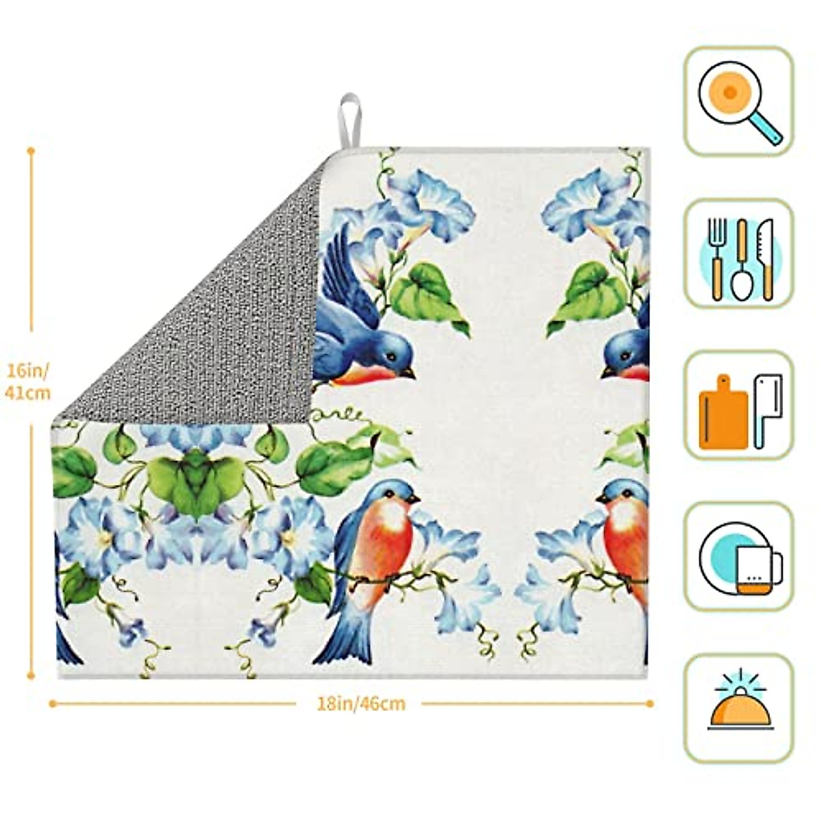 Happy Bluebirds Printed Drying Mat For Kitchen Ultra Absorbent Microfiber Dishes Drainer Mats Non-Slip Silicone Quick Dry Pad - 18 X 16inch